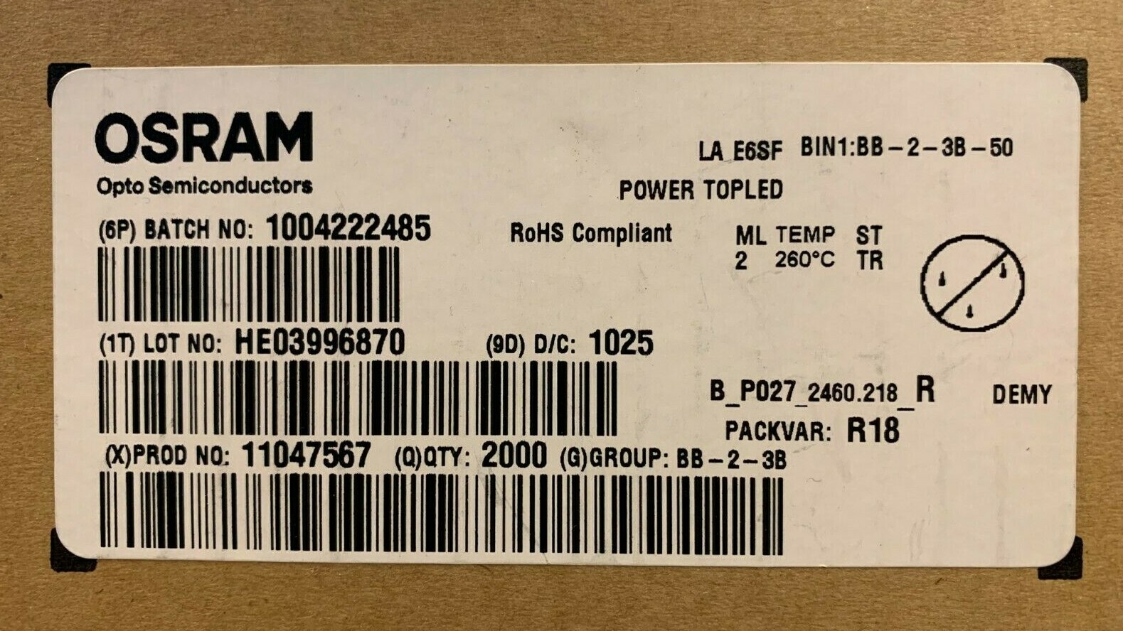 FULL REEL (2000PCS) - Osram LA E6SF Bin BB-2-3B-50 - POWER TOPLED ...