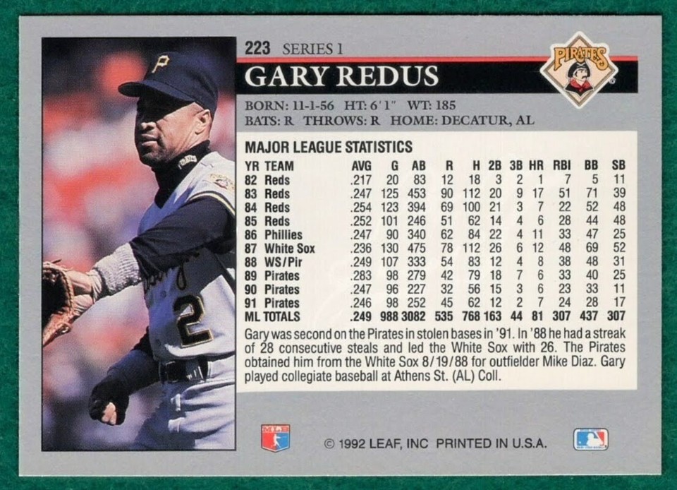 Gary Redus - 1992 Leaf #223 - Pittsburgh Pirates Baseball Card | eBay
