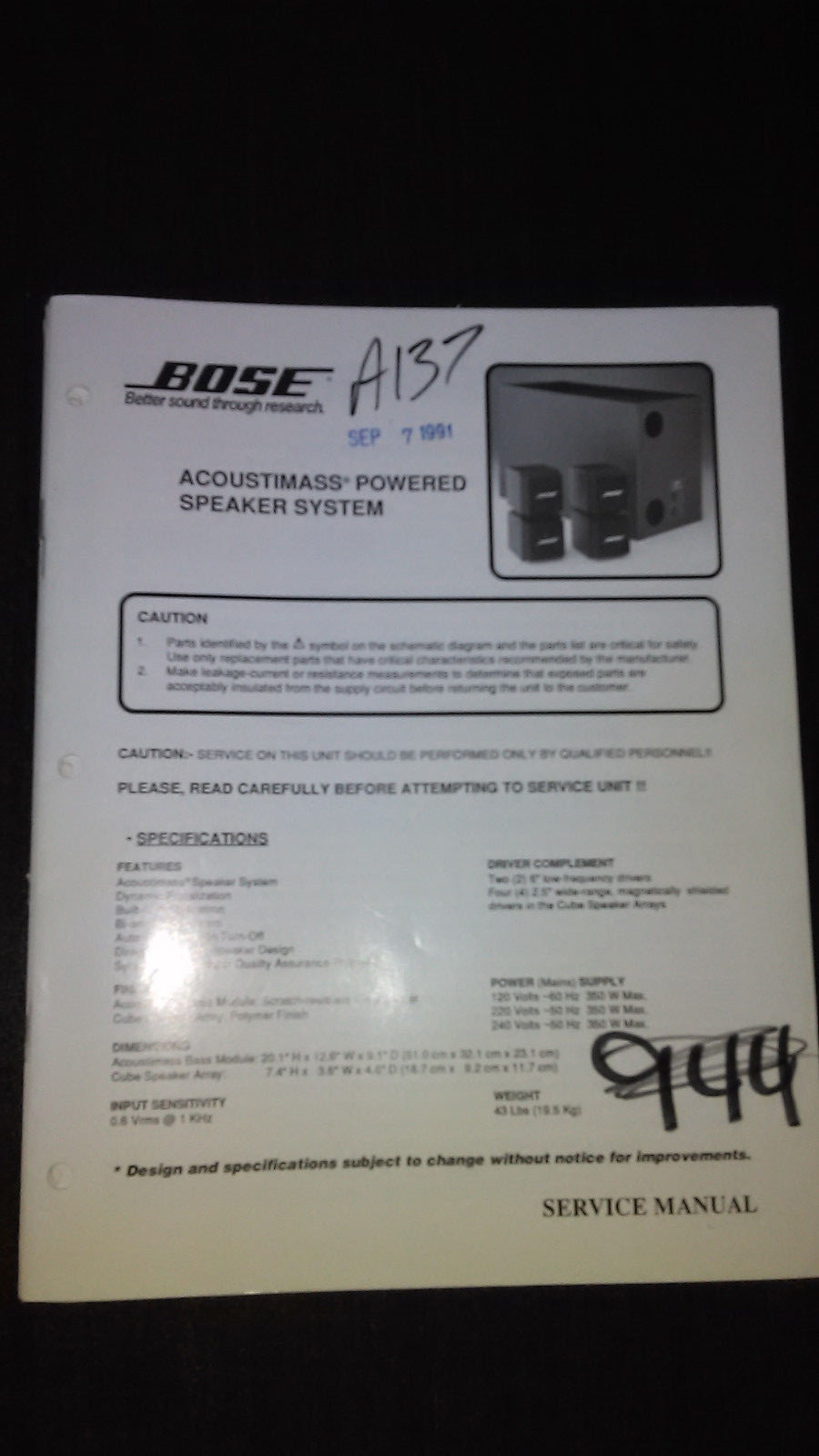 Bose service manual powered acoustimass speaker system original repair ...
