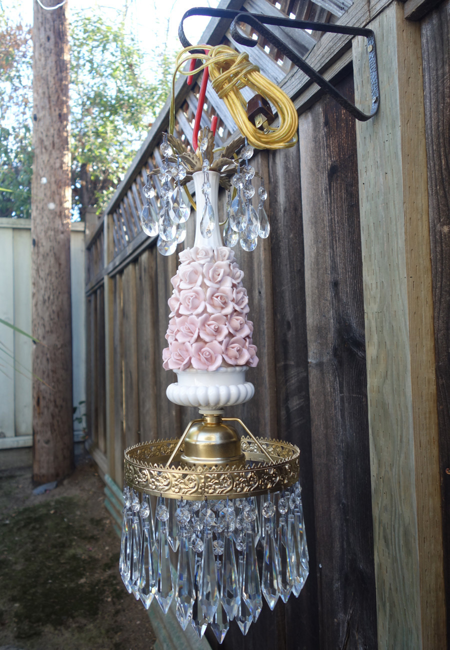 1o2 Vintage porcelain Pink cabbage Rose Brass chandelier ceiling lamp ...