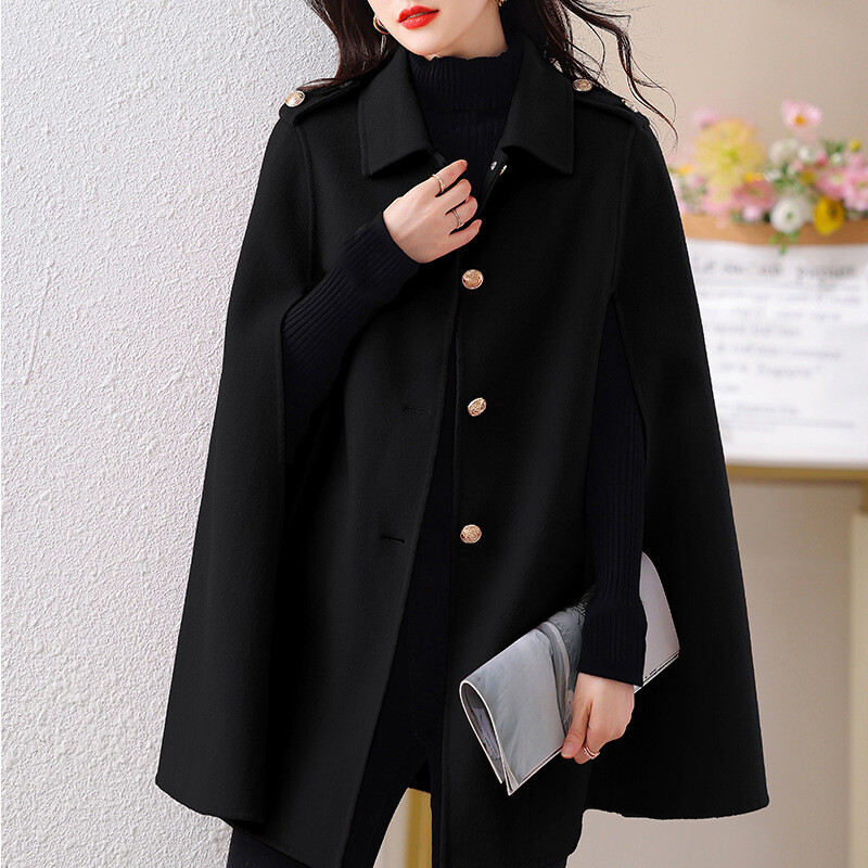 Women's Autumn Cloak Woolen Blend Coat British Commuter Lapel Poncho ...