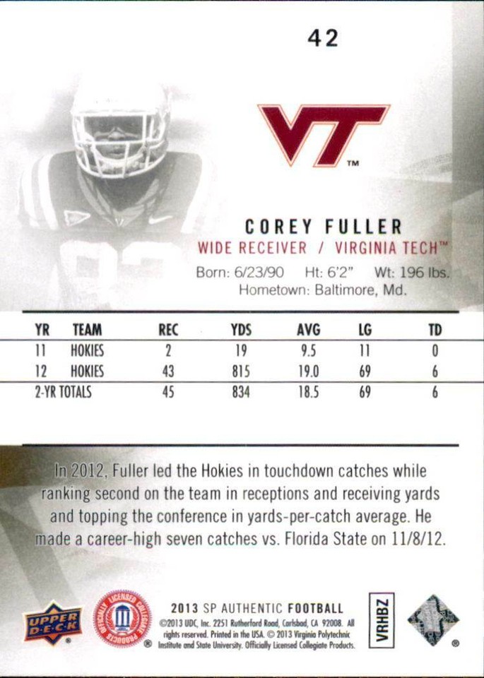 2013 SP Authentic #42 Rookie Corey Fuller Virginia Tech Hokies | eBay