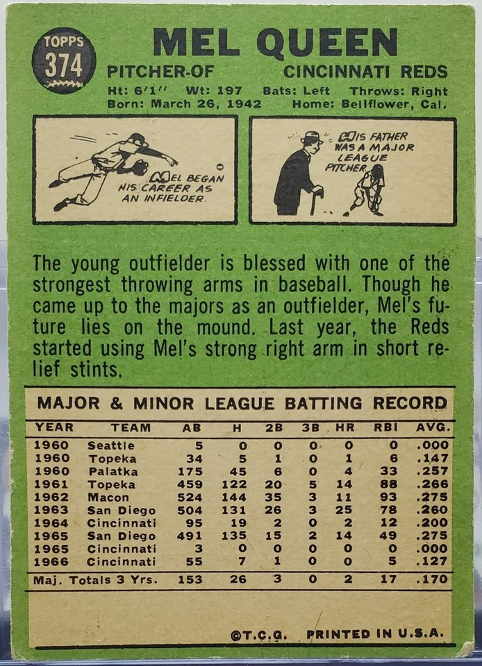 Mel Queen Cincinnati Reds 1967 Topps Baseball Card #374 EX MT | eBay