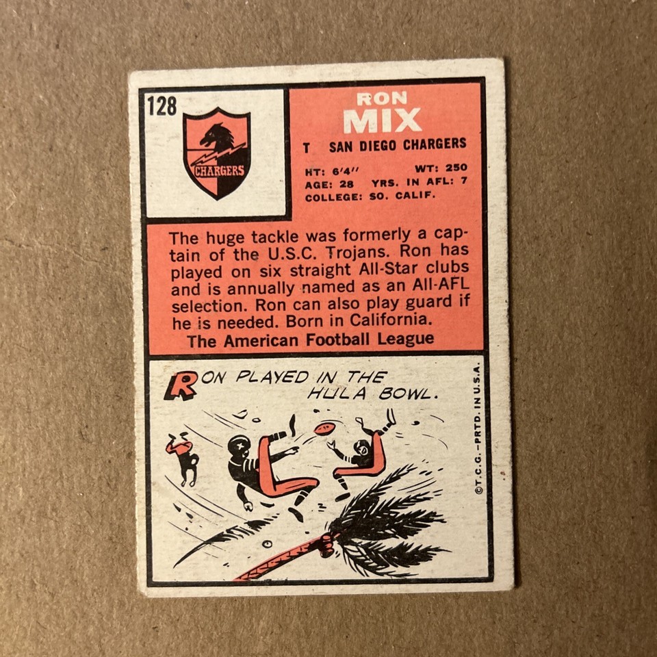 1966 Topps Football Ron Mix San Diego Chargers Card #128 | eBay