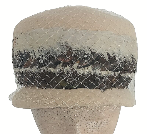 Neco Women's Cloche Hat Vintage Beige Wool Netting Brown Feather Front ...