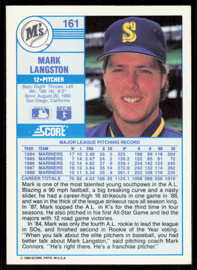 1989 Score 161 Mark Langston Seattle Mariners | eBay