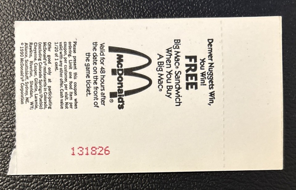 DALLAS MAVERICKS @ DENVER NUGGETS MARCH 10, 1991 NBA TICKET STUB ...