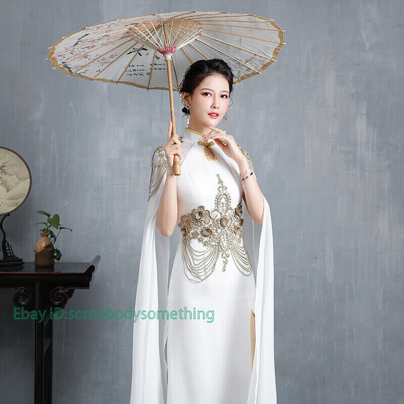 Womens Chinese Improved Cheongsam Embroidery Floral Qipao Split Sleeves ...