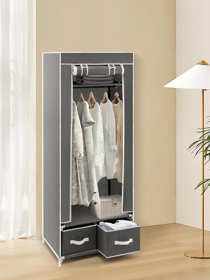 Single Fabric Canvas Wardrobe with Clothes Hanging Rail Shelving ...