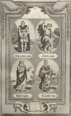 c1790 9x15 BIBLE LEAF Copper Plate Engraving Obadiah Jonah Micah Nahum ...