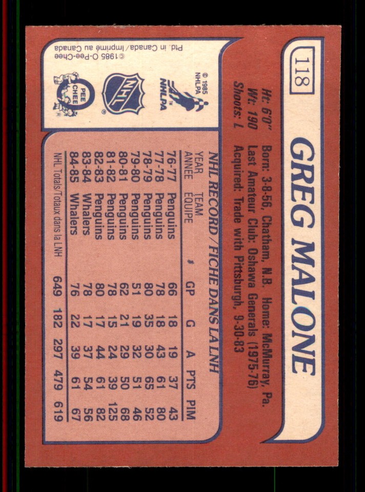 1985-86 O-Pee-Chee #118 Greg Malone - Crease Free | eBay