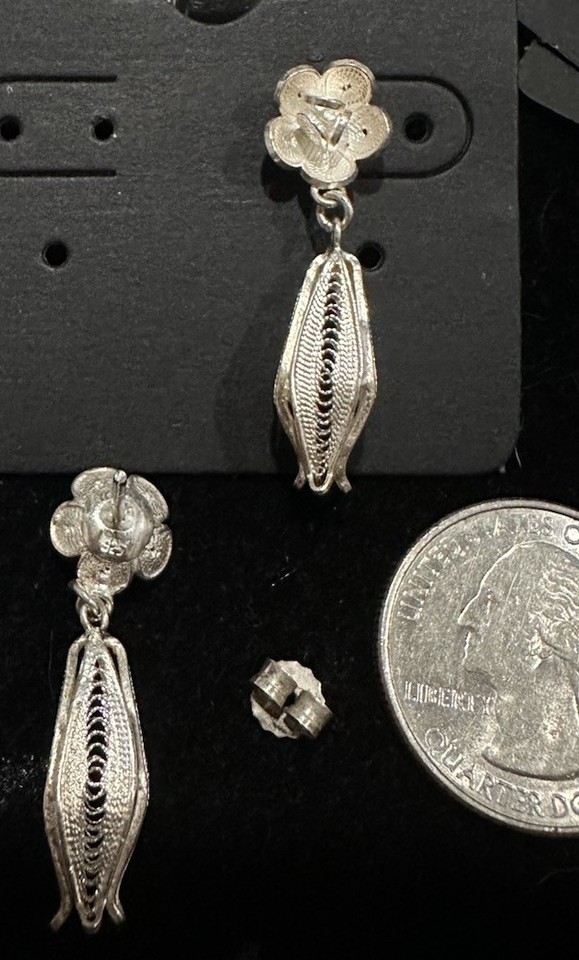 Vintage Spun Flower 925 Sterling Silver Filigree Delicate Drop Earrings ...