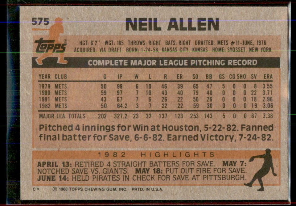 1983 Topps Neil Allen #575 New York Mets | eBay