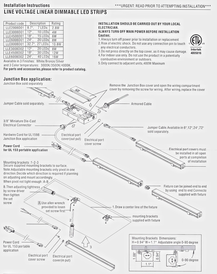 UNDER CABINET Mount Dimmable LED Strip, Super Bright, 10W, 18", Saber ...