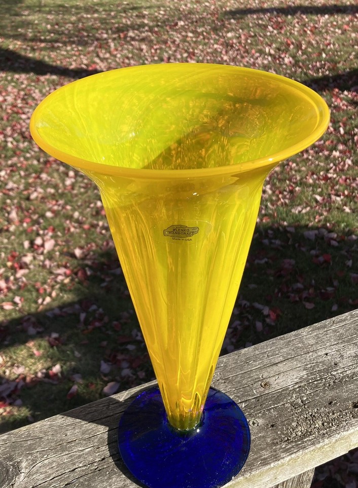 Blenko Yellow And Blue Glass Trumpet Vase With Label Signed Richard ...