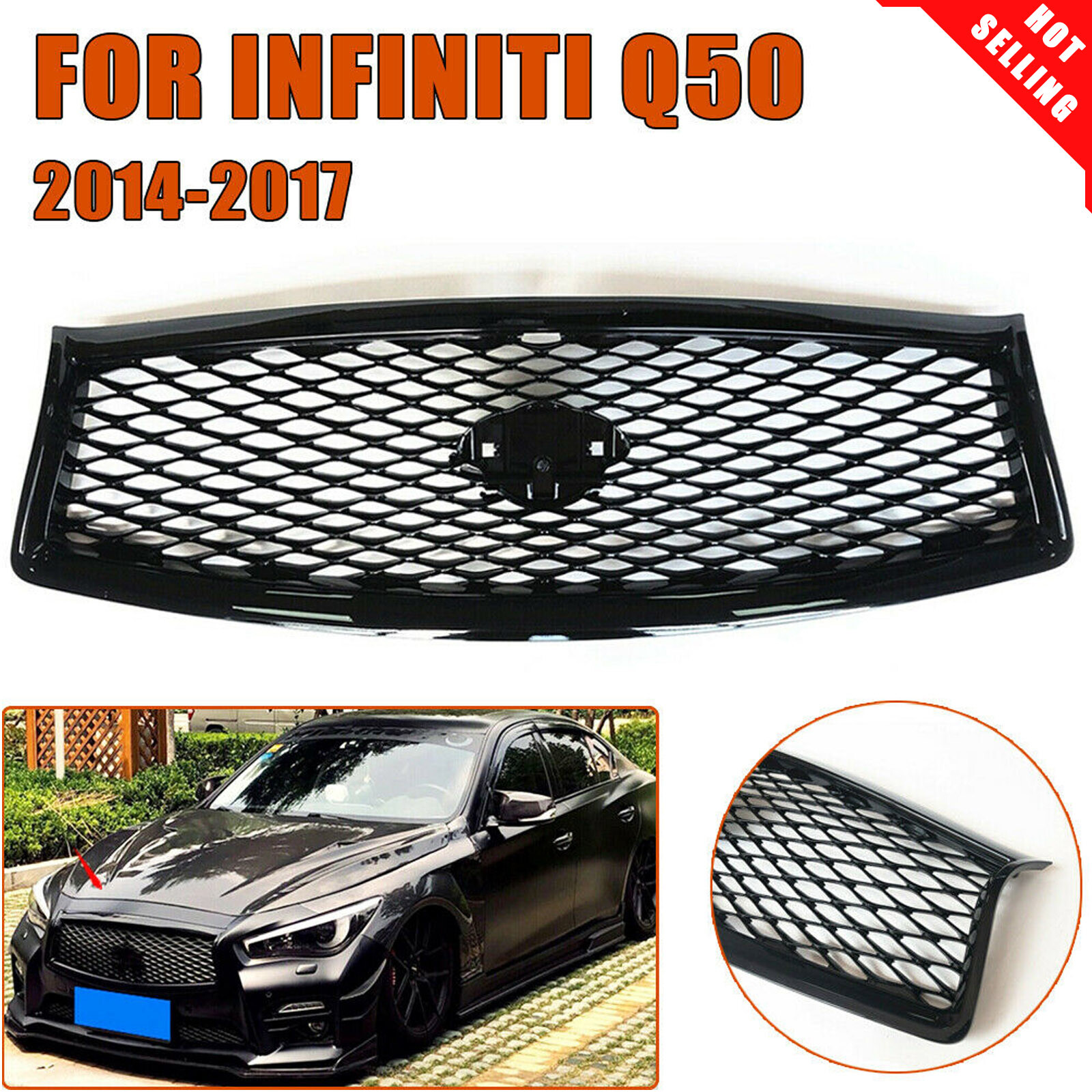 For Infiniti Q50 All Model 2014-2017 Gloss Black Front Bumper Grille ...