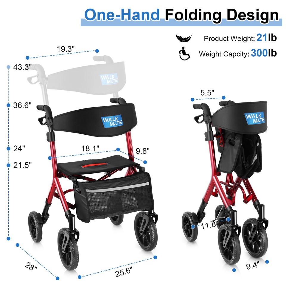 Walk Mate Rollator Pro Walker for Seniors Taller 5~7ft W/ Height ...