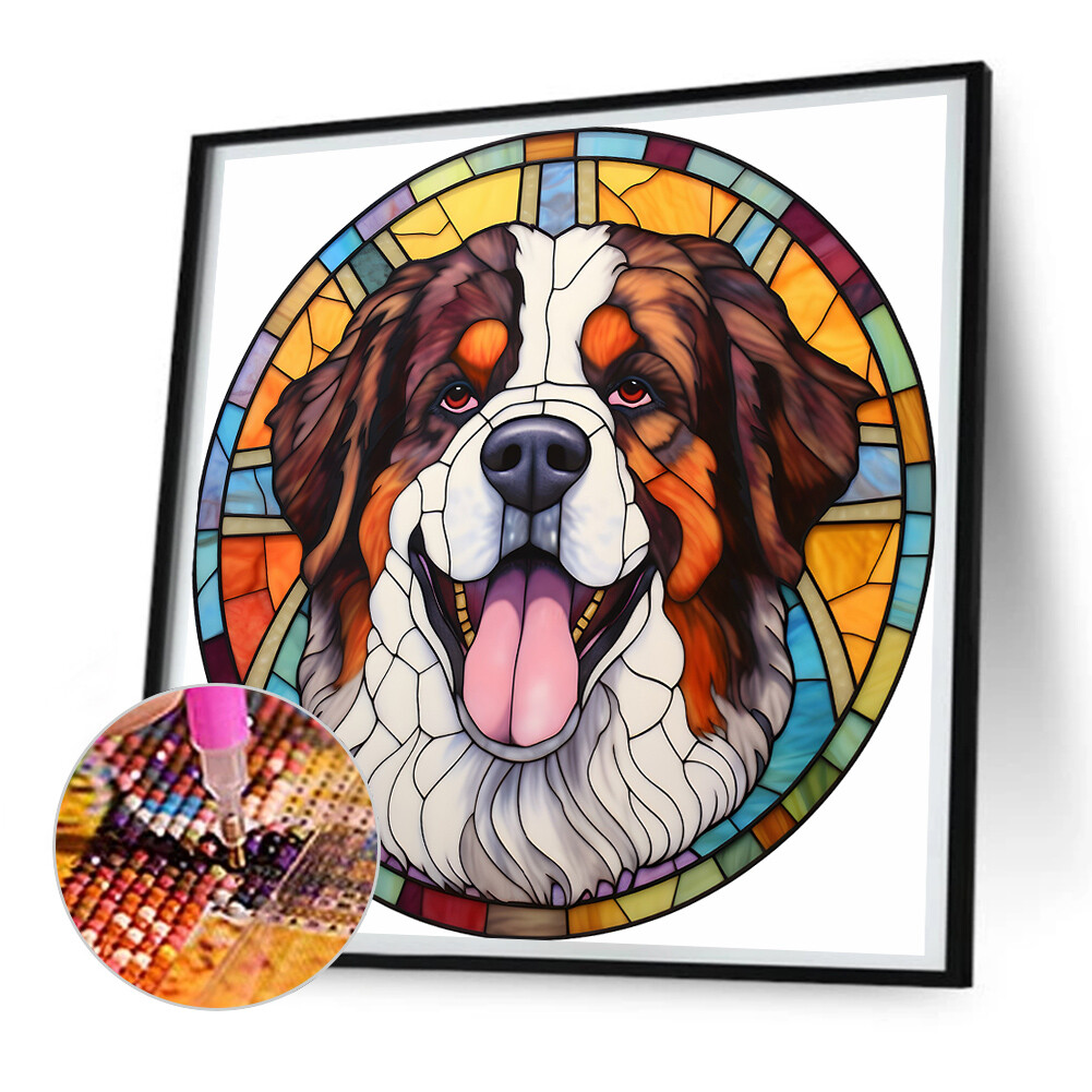 5D DIY Full Round Drill Diamond Painting Stained Glass Dog Kit Home ...