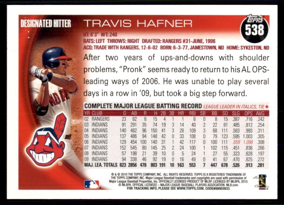 2010 Topps Travis Hafner Cleveland Indians #538 MLB Baseball Sports ...