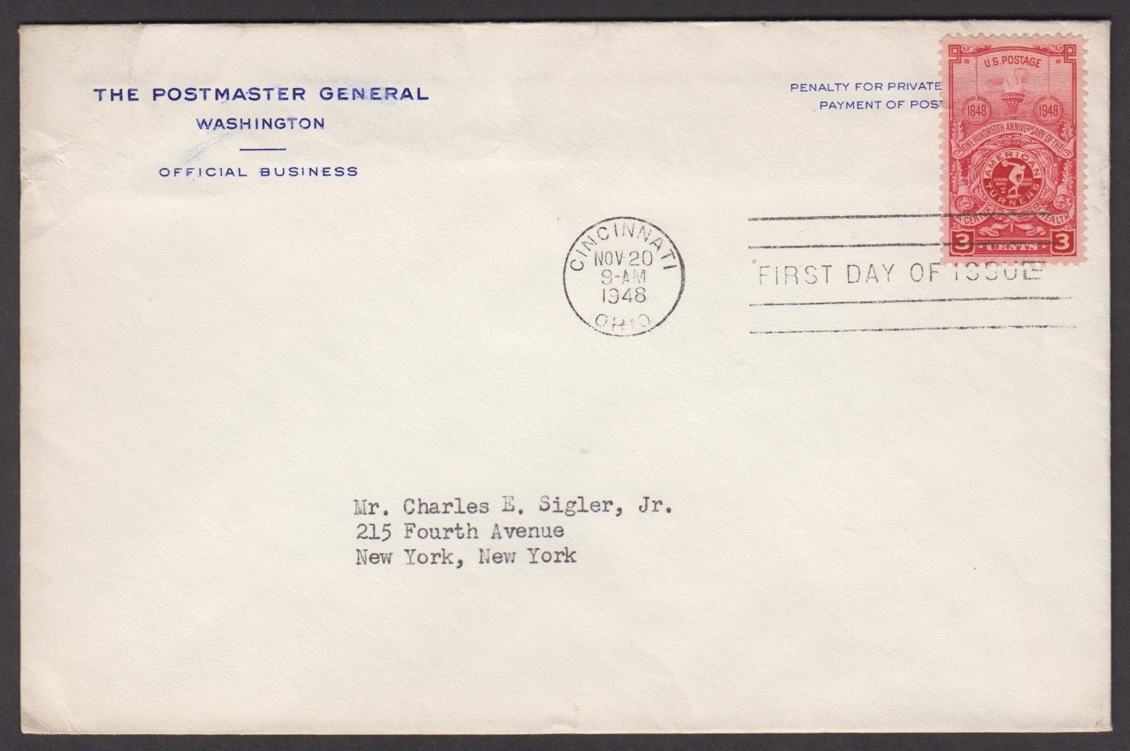 Signed Postmaster General Letter with 3¢ American Turners stamp FDC ...