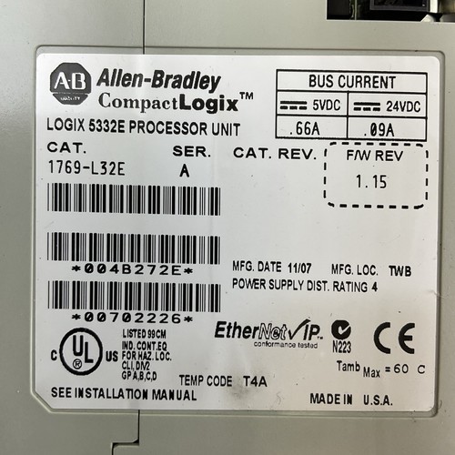 ALLEN BRADLEY 1769-L32E SER A F/W REV 1.15 COMPACT LOGIX 5332E ...