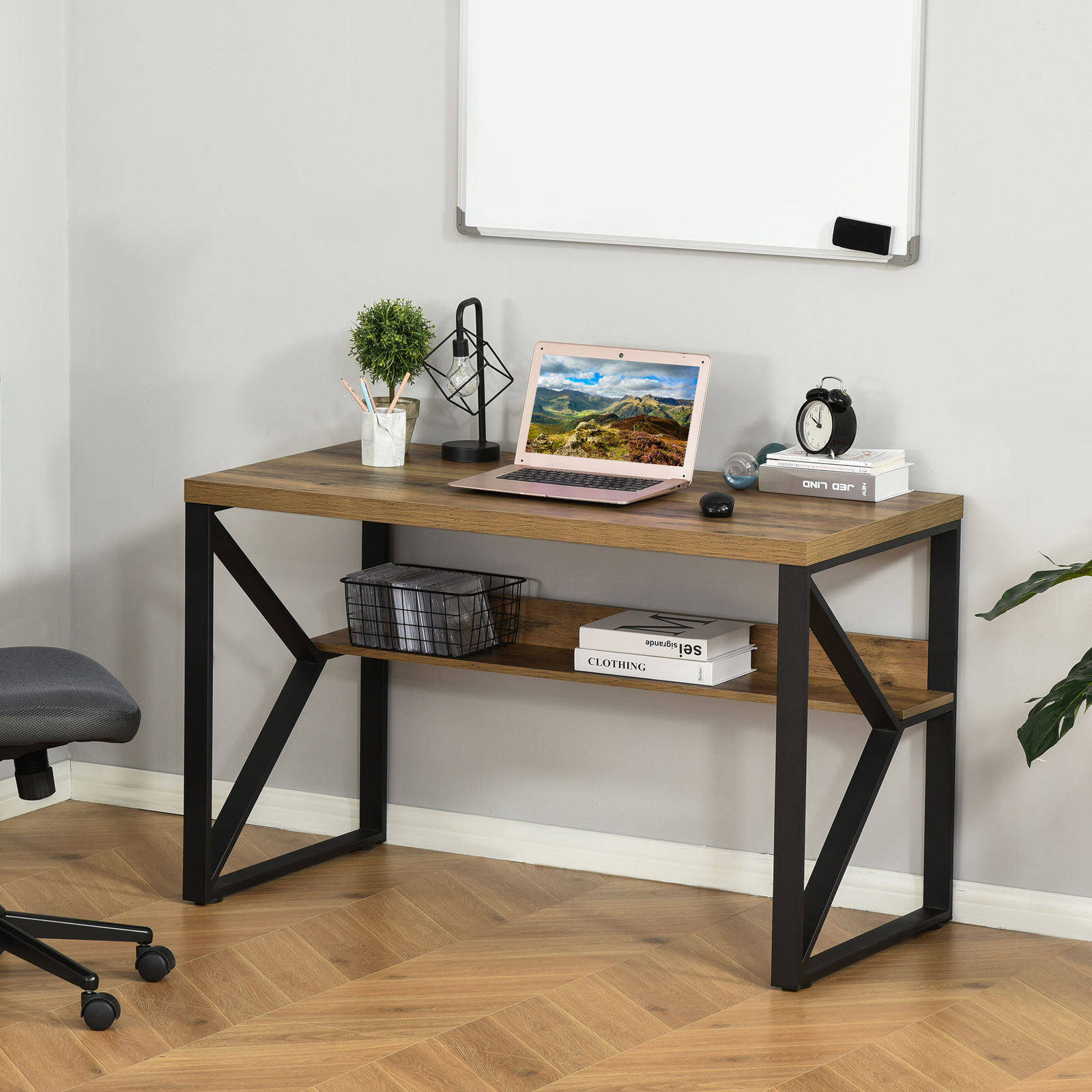 Workstation Computer Desk Table with Storage Shelf Steel Frame Black ...