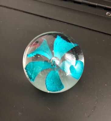 Teal Blue Round Hand Blown Glass Art Paperweight Flower Controlled ...