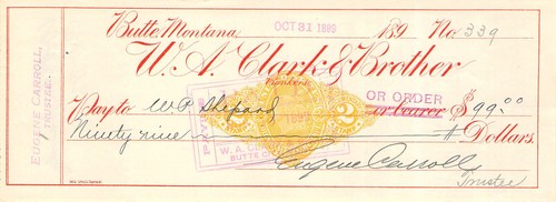 BUTTE MONTANA BANK CHECK DRAFT RECEIPT INVOICE 1899 REVENUE STAMP W A ...