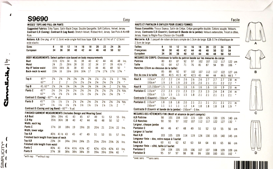 Simplicity 9690 Misses' Tops and Pull-On Pants Sizes 18-26 Sewing ...