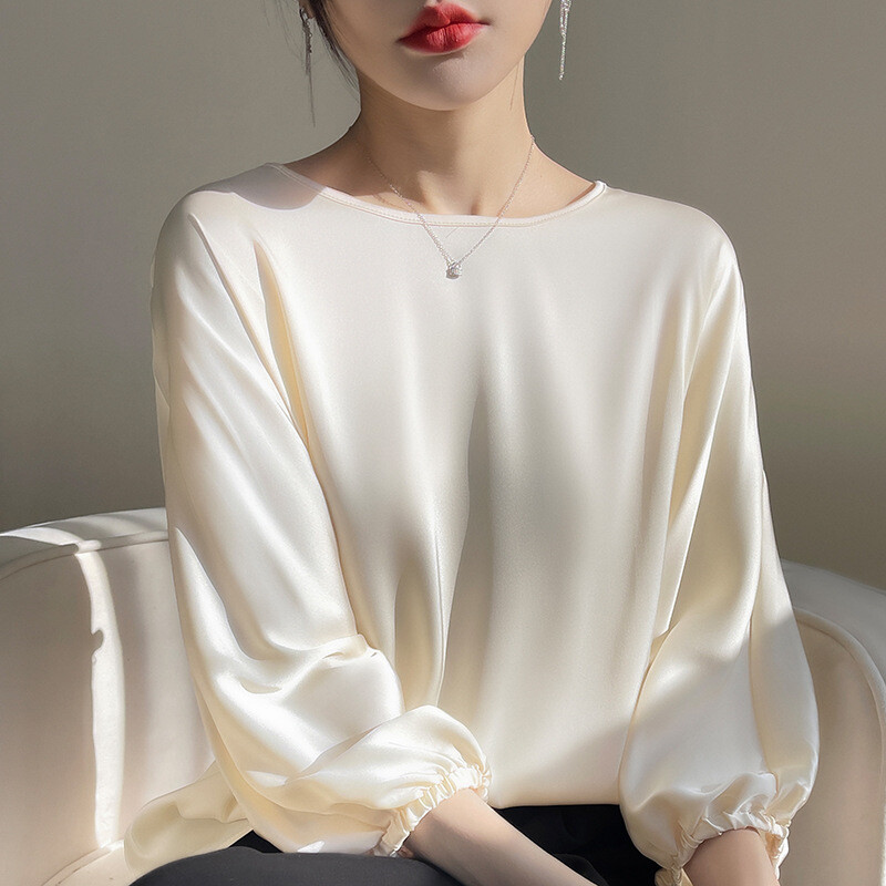 Women Elegant Silk Satin Long Sleeve Tops Shirt Round Neck Loose ...