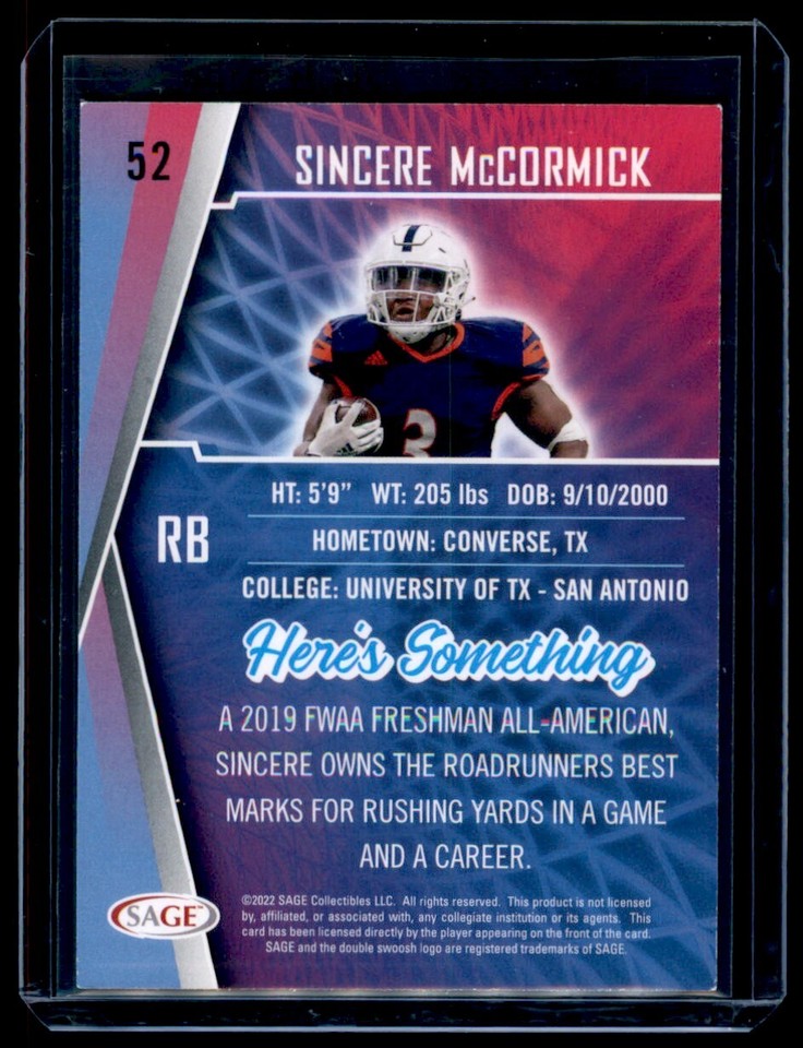 2022 SAGE Sincere Mccormick UTSA Roadrunners #52 2058 | eBay