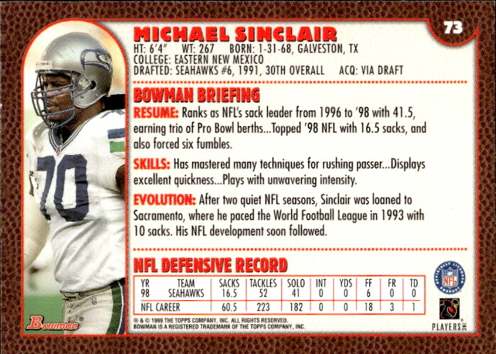 1999 Bowman Michael Sinclair 73 Seattle Seahawks | eBay