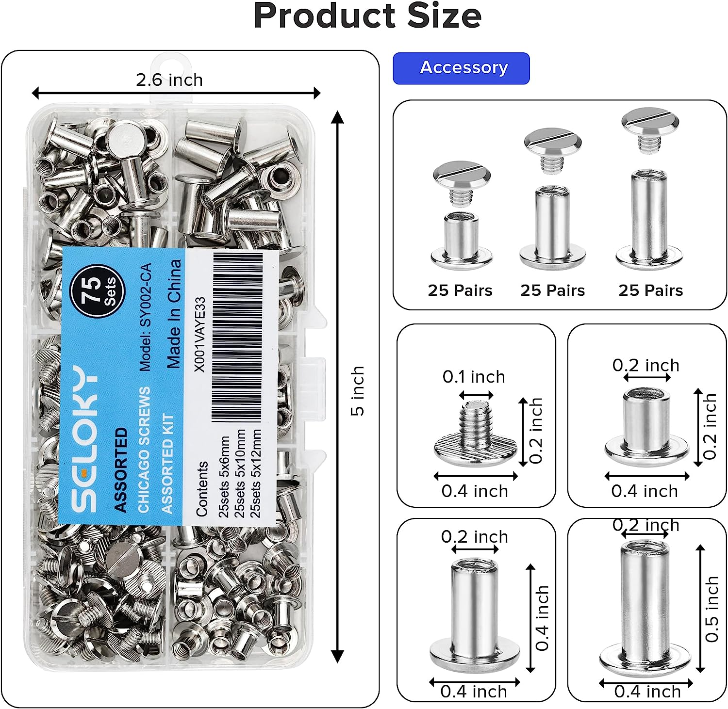 75 Sets Silvery Chicago Screws Assorted Kit 1/4 3/8 1/2 Inches Screw ...