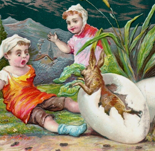 1870s-80s Embossed Easter Card Giant Eggs Hatched Brown Rabbit ...