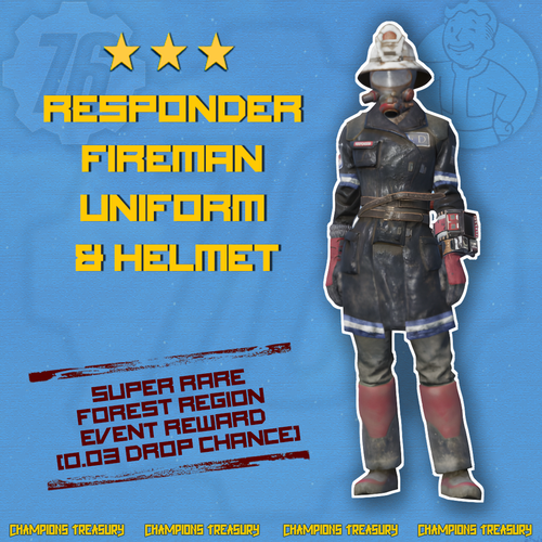 FALLOUT 76 PC RESPONDER FIREMAN UNIFORM + HELMET SUPER RARE FOREST ...
