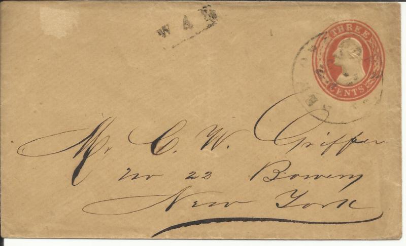 US postal envelope Sc#U10 - WAY straightline - New Orleans NOV/27/1857 ...