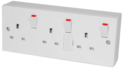 Triple 3 Gang Switched Fused 13AMP Mains Wall Plug Socket Surface C/W ...