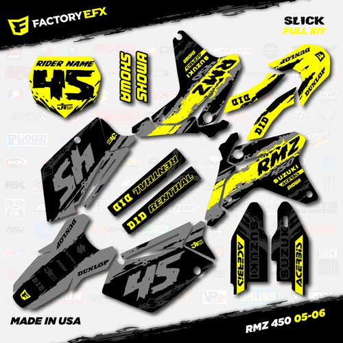 Gray & Yellow Slick Racing Graphics Kit fits 05-06 Suzuki RMZ450 ...
