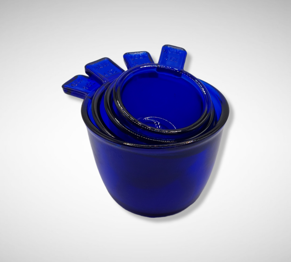 Cobalt Blue Glass Depression Style Measuring Cup Set, Vintage, Kitchen ...