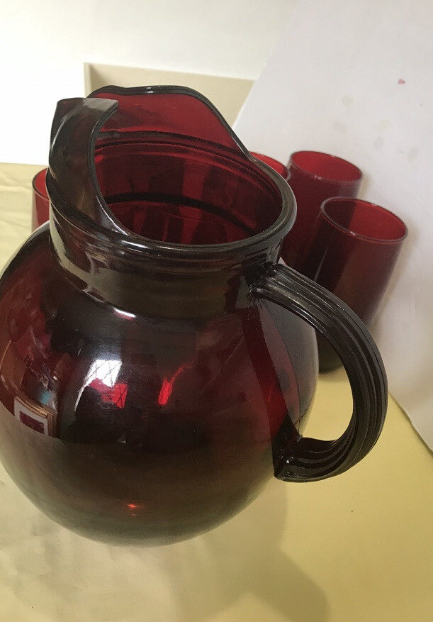 Vintage Royal Ruby Red Glass Ball Pitcher Anchor Hocking Set With 6 ...