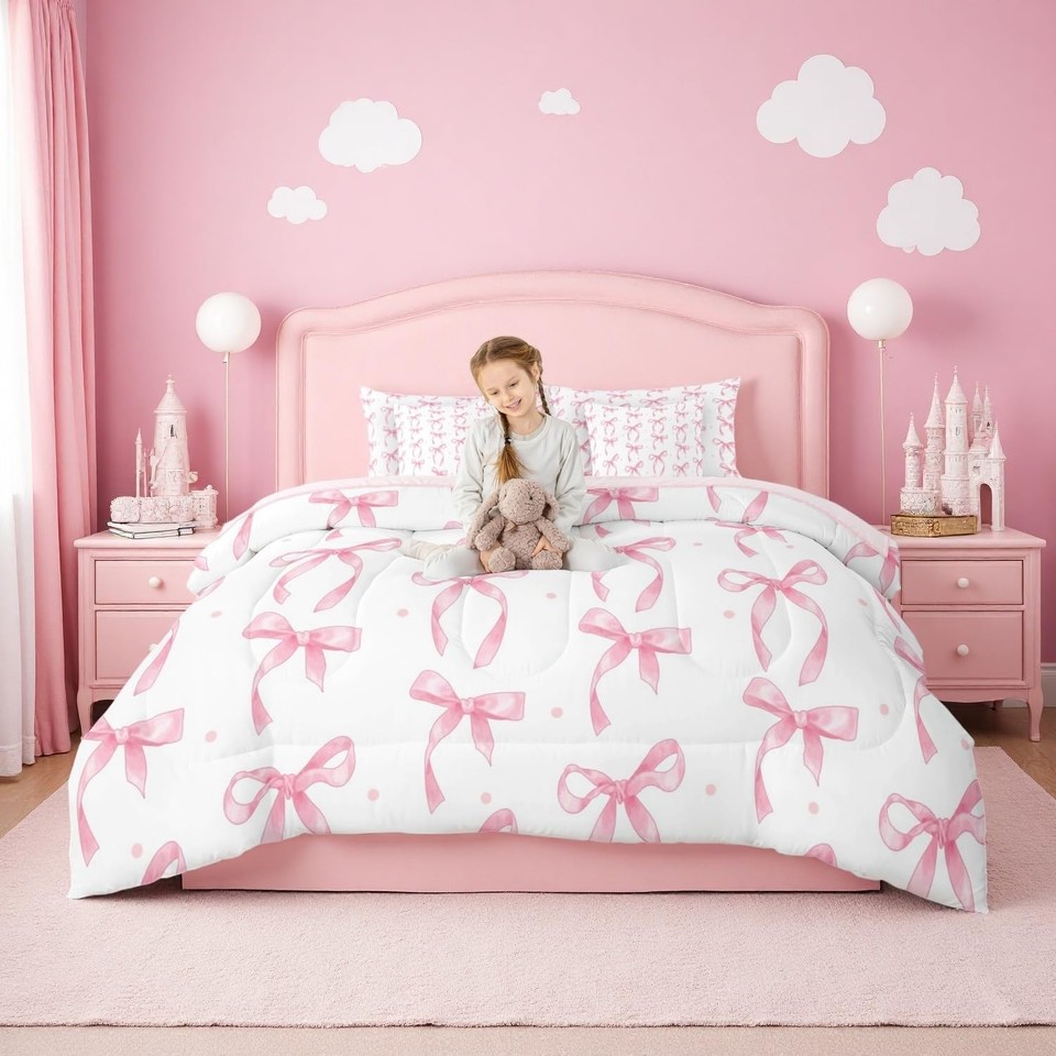 Girls Pink Bow Full Comforter Set with Sheets,Kawaii Bowknot Bedding ...