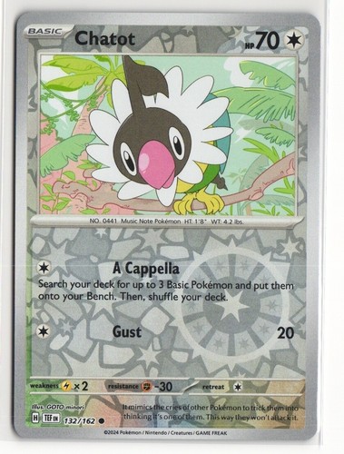 Chatot 132/162 Reverse Holo Pokemon TCG Scarlet & Violet: Temporal ...