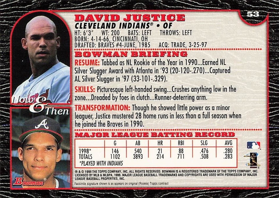 David Justice Now & Then Bowman 1999 Bowman Baseball Card #53 | eBay