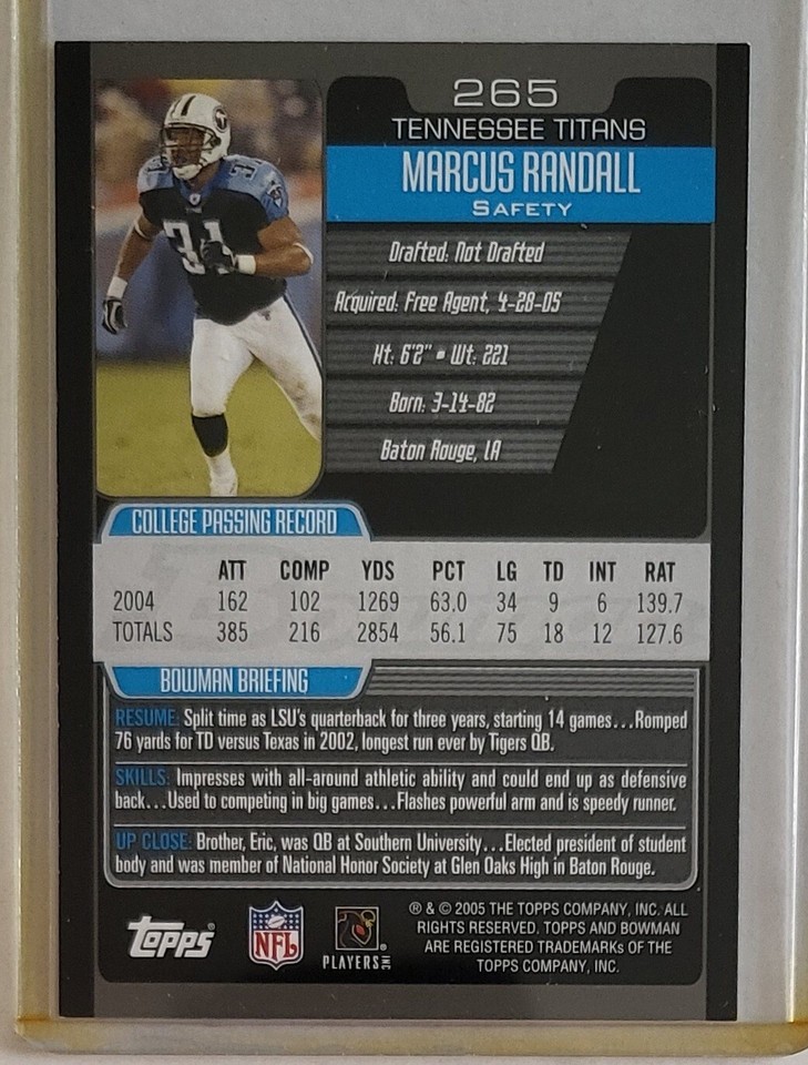 2005 Bowman Rookie #265 Marcus Randall Tennessee Titans Football Card ...