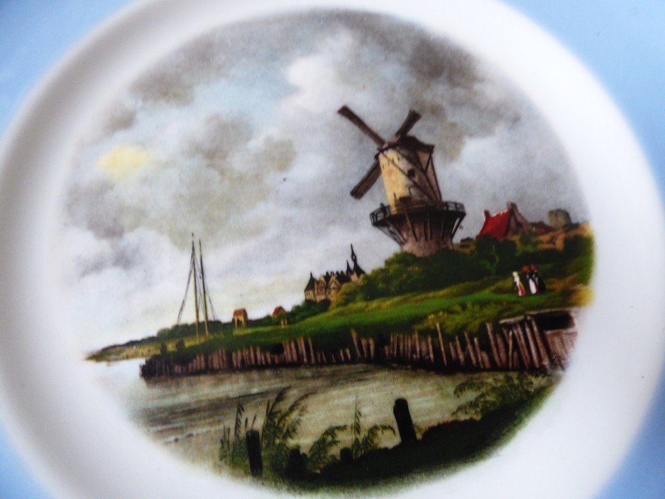 VTG Dutch Holland Set of 2 blue rim Windmill & country scene porcelain ...