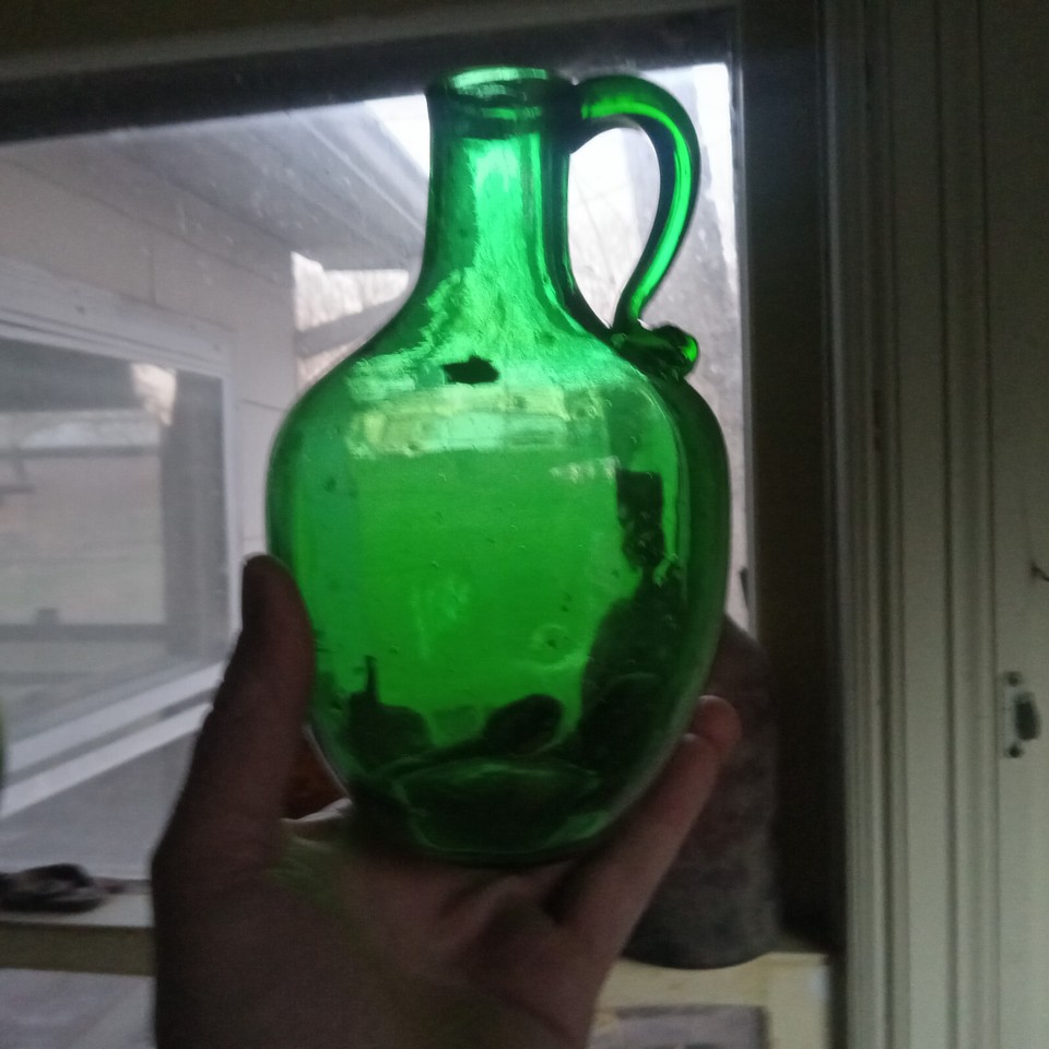 GREEN PONTILED FREE BLOWN GLASS JUG W/APPLIED HANDLE DELL CO BRIDGETON ...