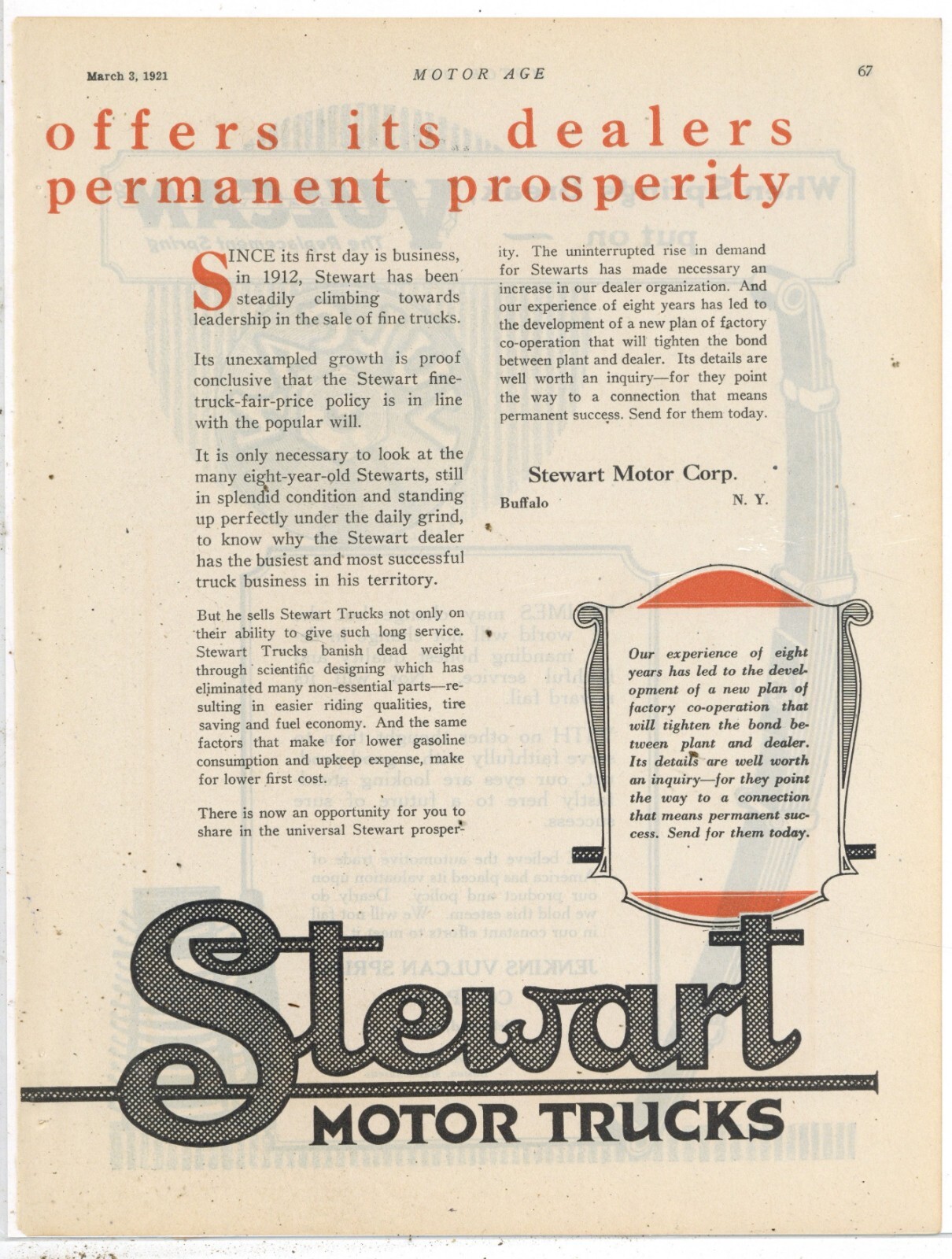 1921 Stewart Motor Co. 2 Separate Pg. Ad: Dealer Promotional w/ Model ...