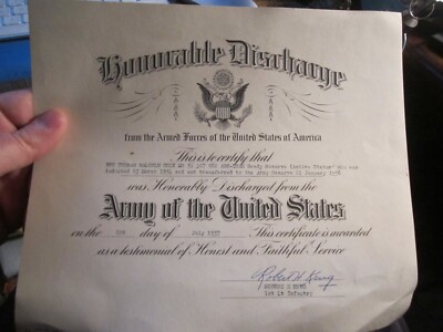 1956 ARMED FORCES OF THE UNITED STATES HONORABLE DISCHARGE CERTIFICATE ...