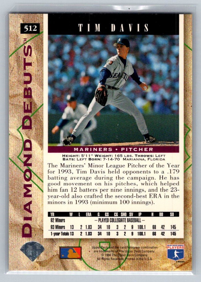 💎1994 Upper Deck Baseball Electric Diamond #512 Tim Davis - Mariners💎 ...