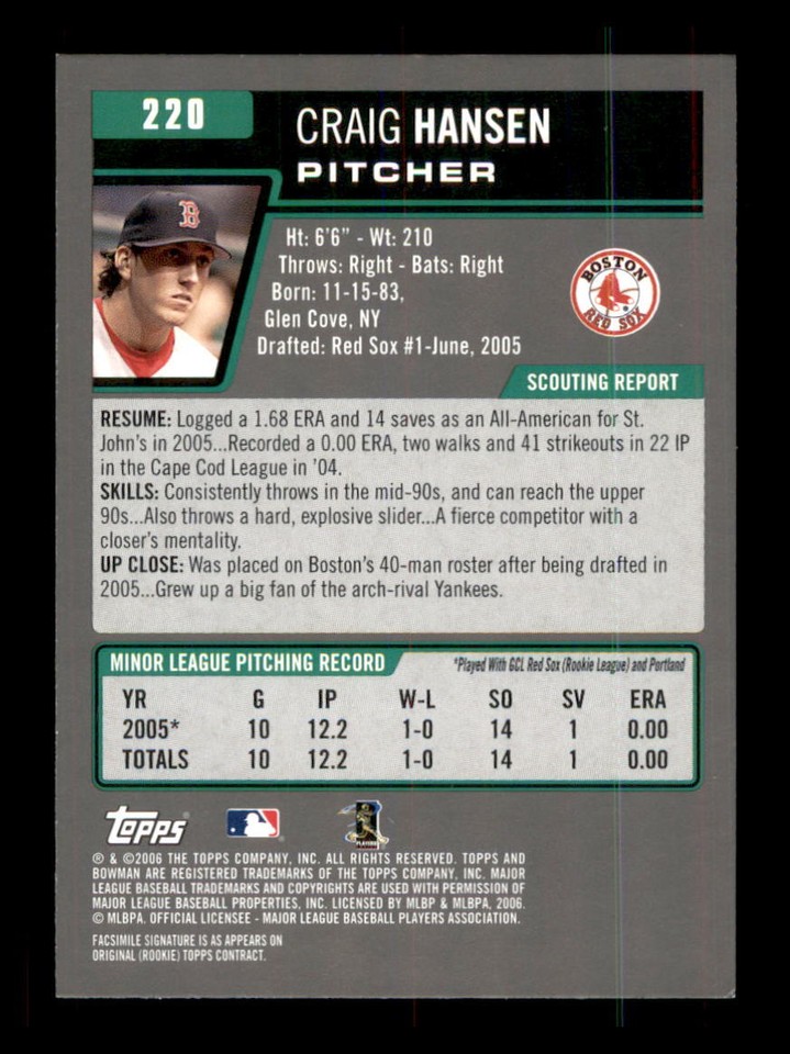 2006 Baseball Bowman Craig Hansen Boston Red Sox #220 Gold RC | eBay